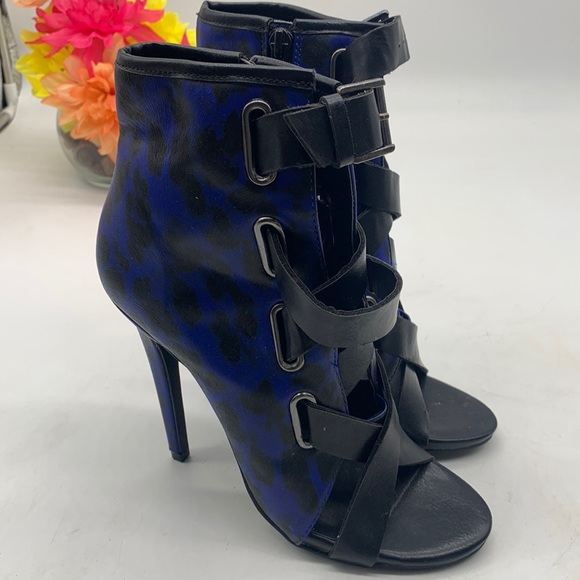 Paper Fox | Shoes | Paper Fox Omara Blue Animal Print Heeled Bootie Sz ...